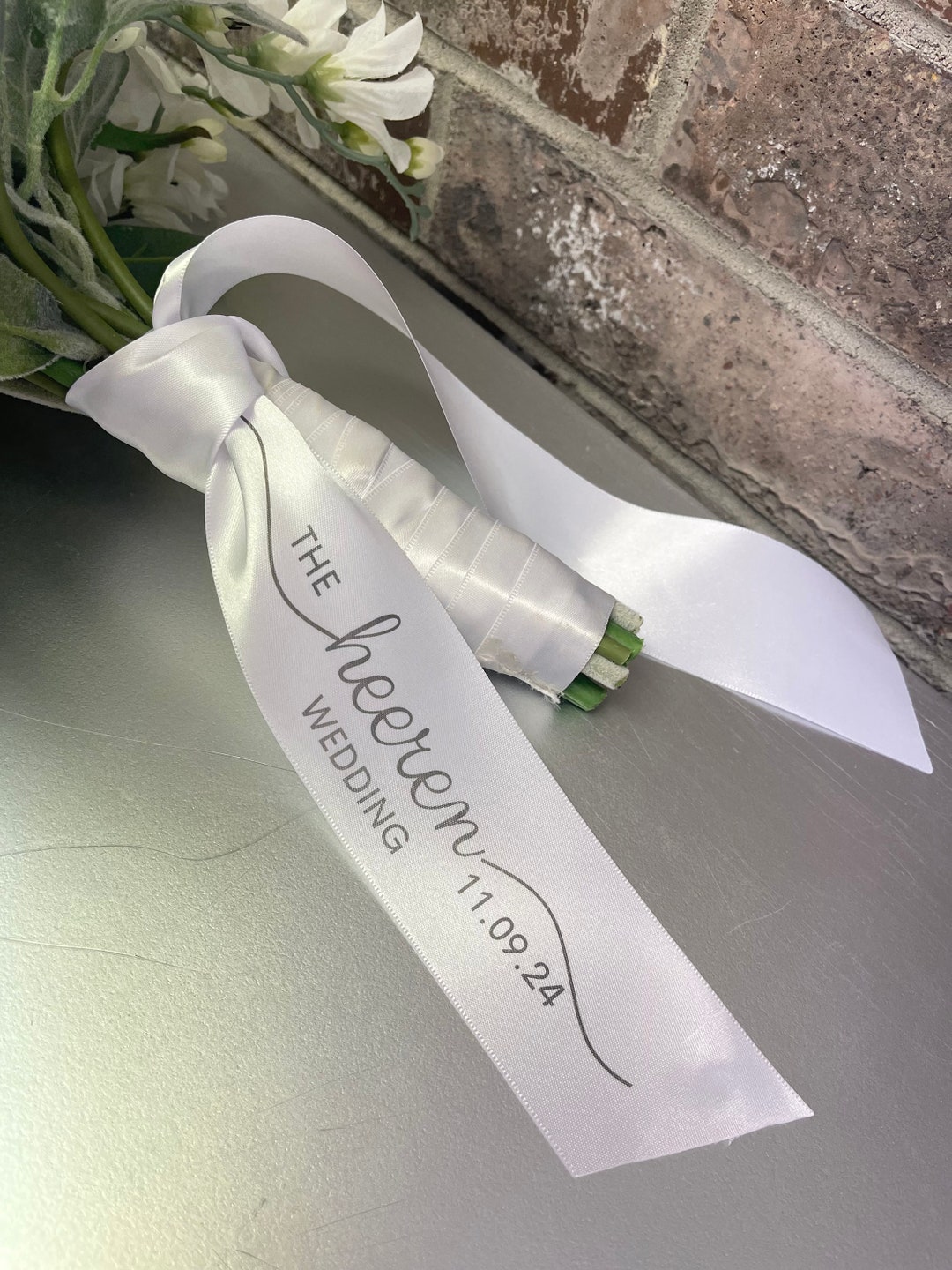 Personalized Wedding Bouquet Ribbon / Couple's Name and Date / Satin ...