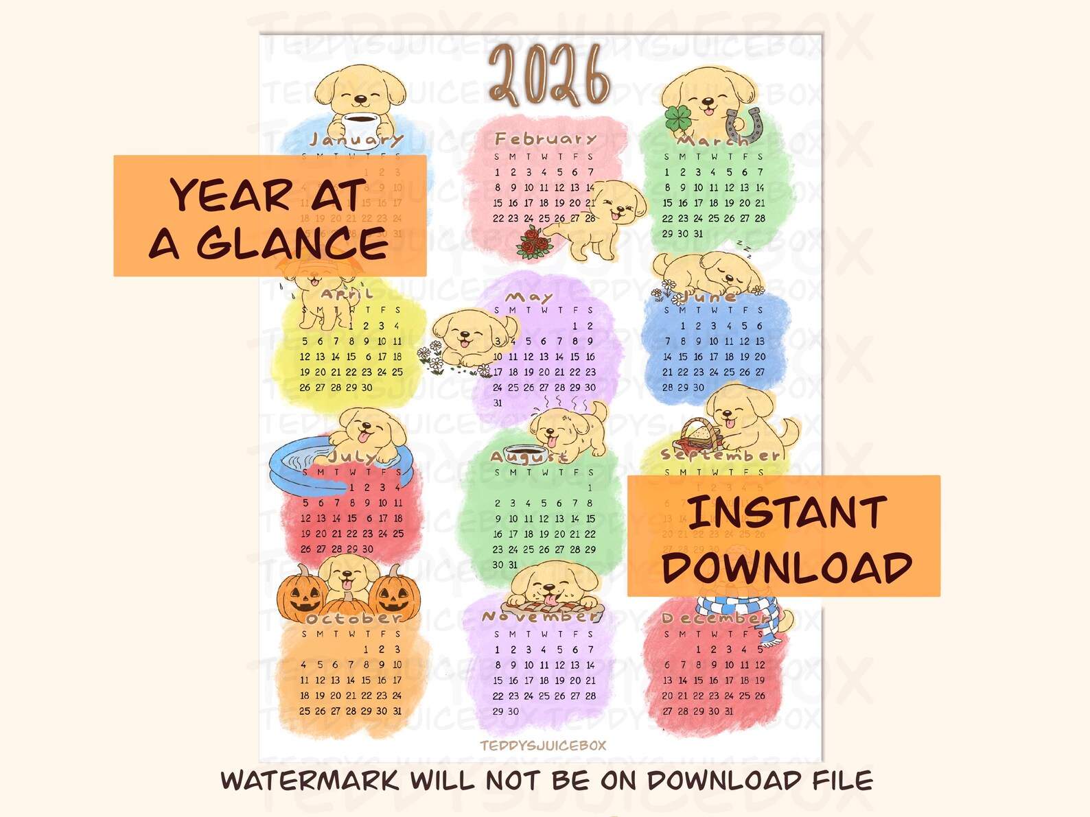 2026 Printable Calendar | Cute Dog Calendar | Yearly Calendar | Wall ...
