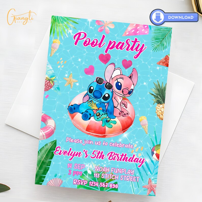 Stitch Pool Party Birthday Invitation Printable, Stitch and Angel Party ...