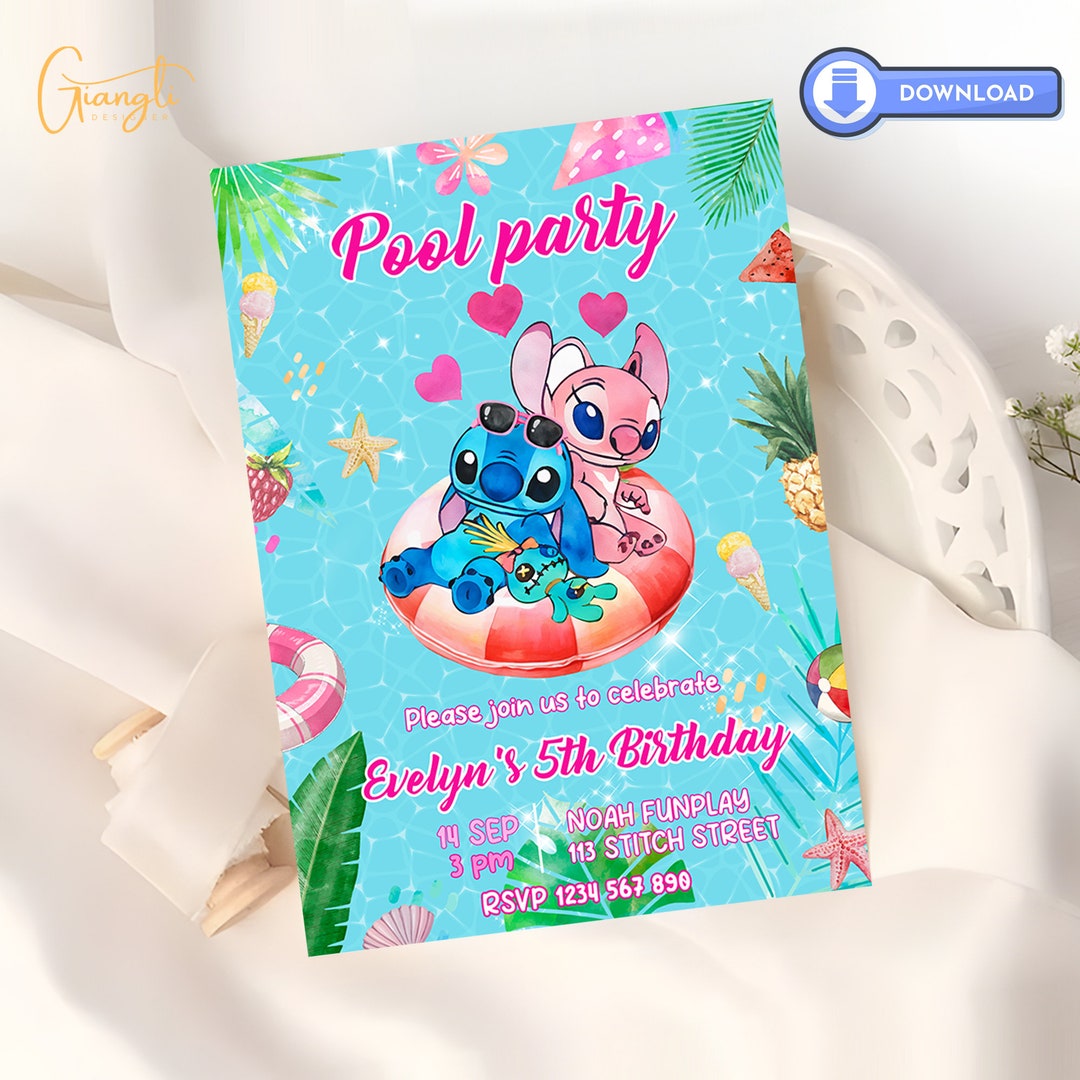 Stitch Pool Party Birthday Invitation Printable, Stitch and Angel Party ...