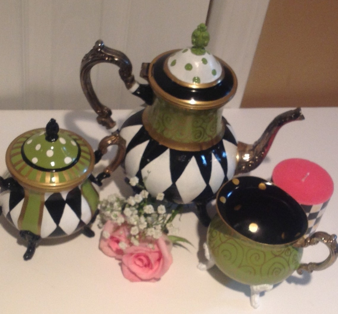 Painted Tea Set // Painted Silver Tea Set // Whimsical Painted - Etsy