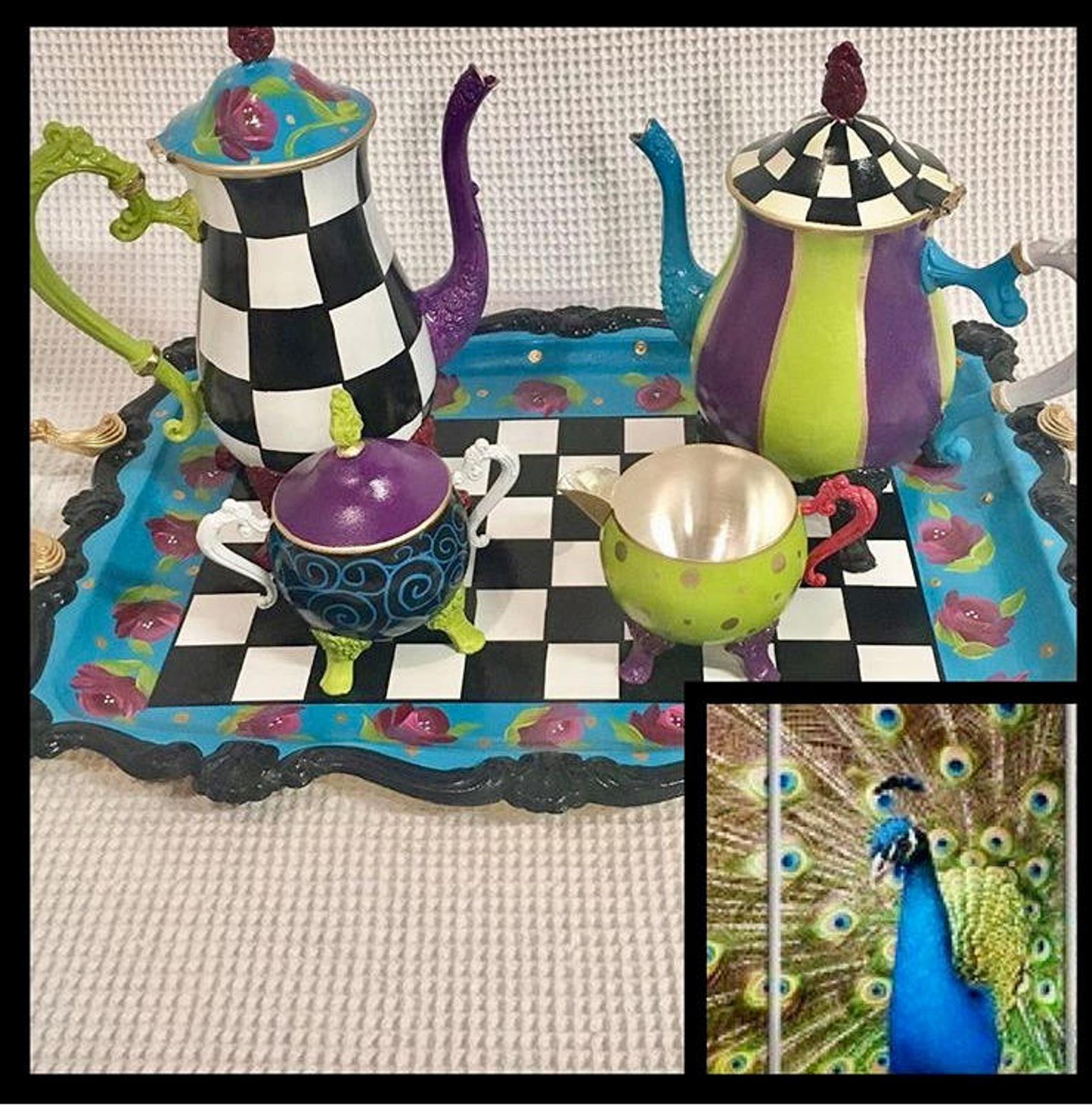 Whimsical Painted Tea Set Silver Tea Set Painted Tea Set | Etsy