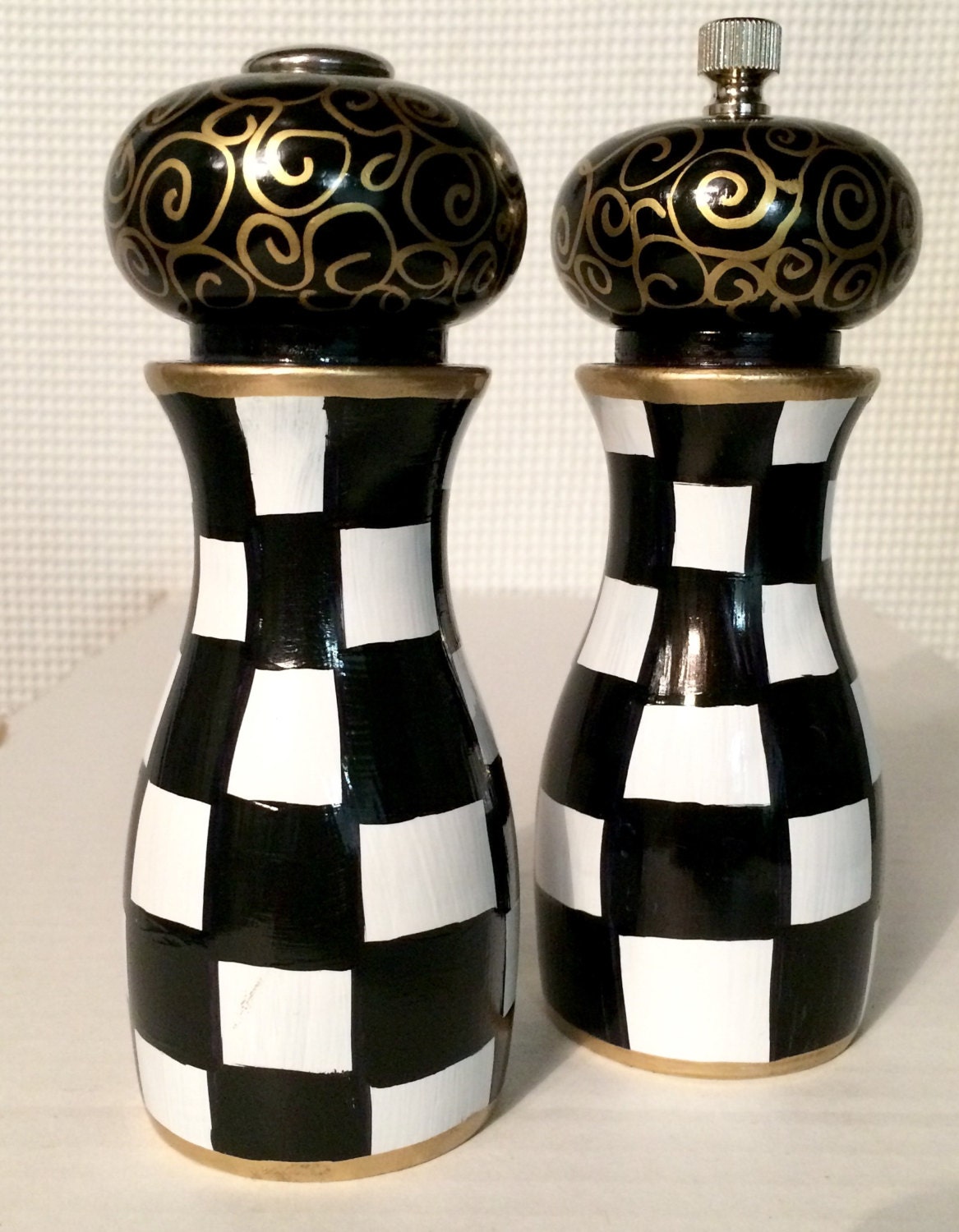 Hand Painted Salt and Pepper Mill Set, Black and White Checked, Gold ...