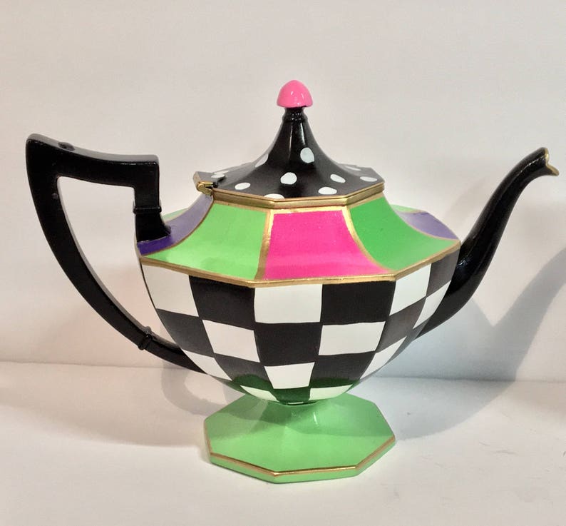 Whimsical Painted Tea Set, Silver Tea Set, Painted Tea Set Hand Painted ...