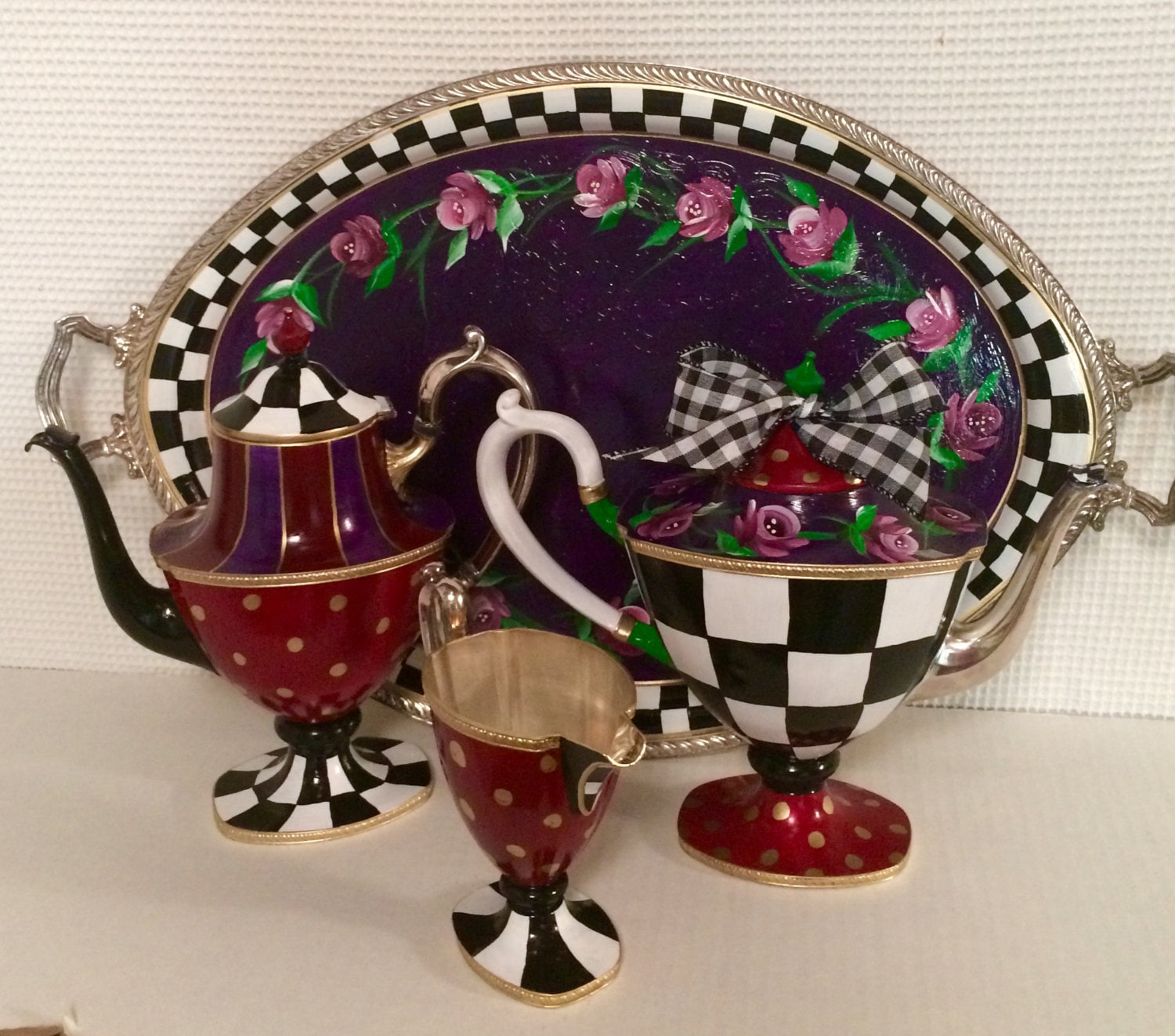 Painted Tea Set // Painted Silver Tea Set // Whimsical Painted | Etsy