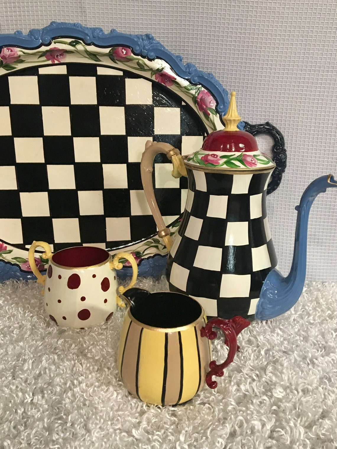 Painted Tea Set // Painted Silver Tea Set // Whimsical Painted | Etsy