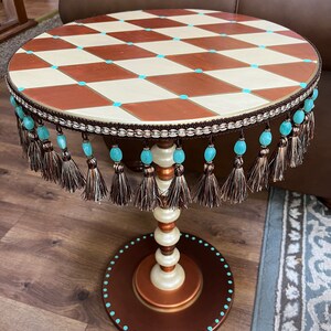 Round Pedestal Harlequin Metallic Table, Whimsical Painted Table ...