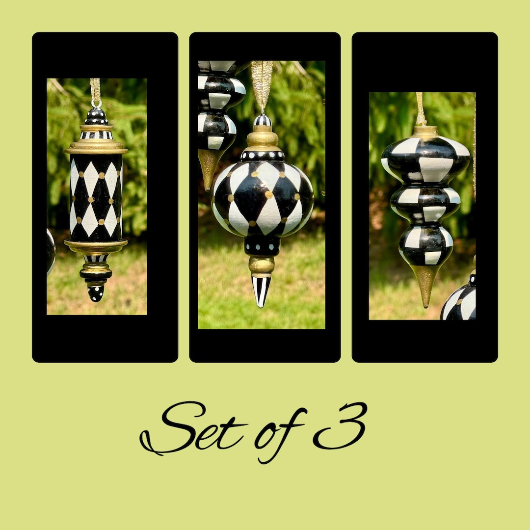 Ornament Set of 3 Solid Wood Finial, Hand Painted, Black and White ...