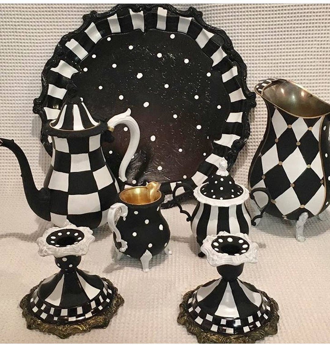 Whimsical Painted Tea Set, Silver Tea Set, Painted Tea Set - Etsy