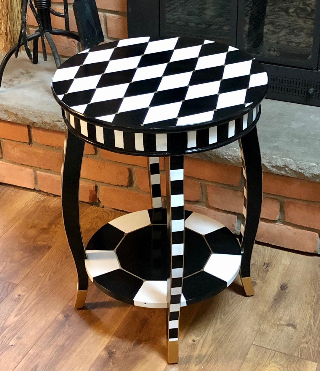 Whimsical Painted Table, Black and White Harlequin Painted End Table ...