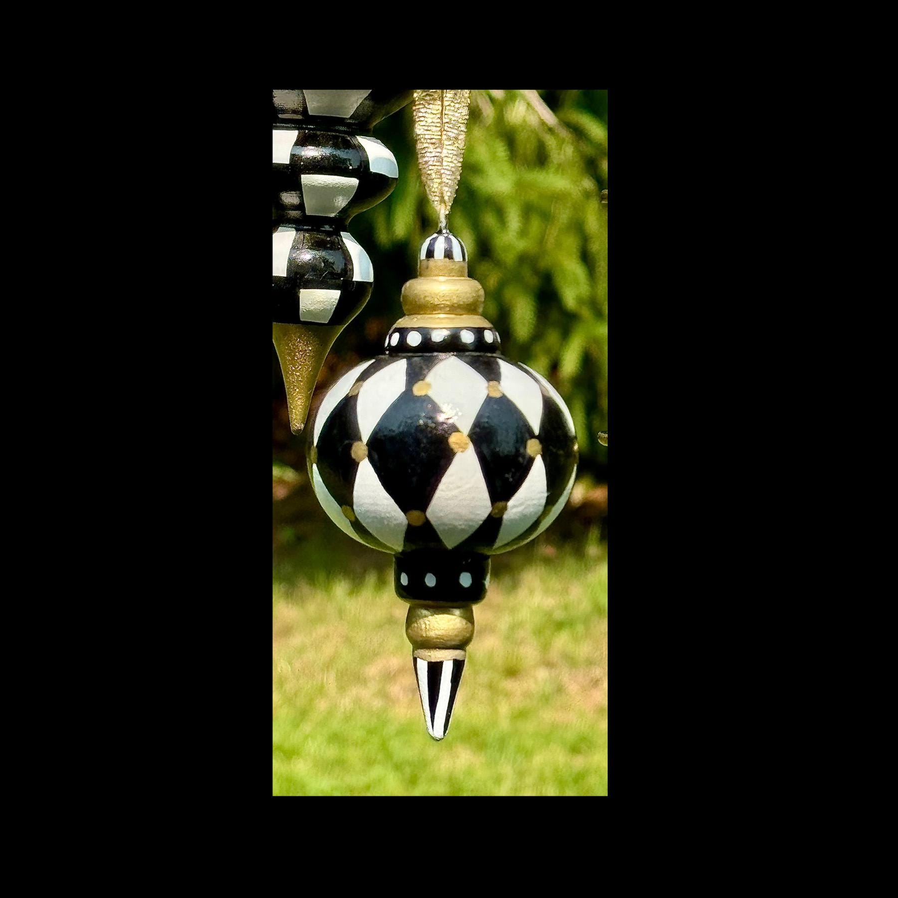 Hand-painted Finial Ornament Set of 3, Black and White With Gold Leaf ...