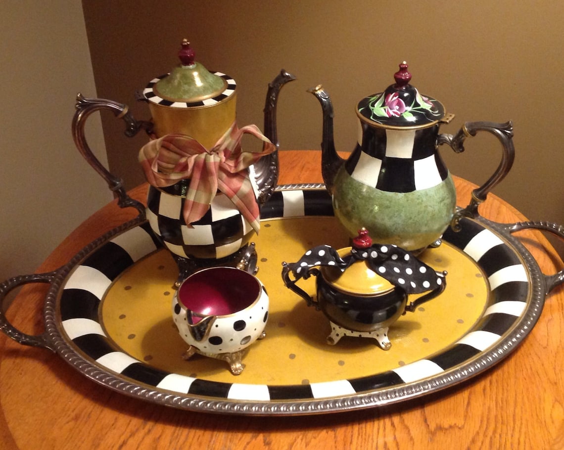 Painted Tea Set 3-piece // Whimsical Painted Silver Tea Set // - Etsy