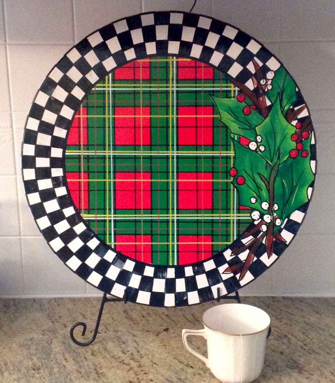 Hand-painted Christmas Lazy Susan, Tartan Plaid & Holly Centerpiece, 20 ...