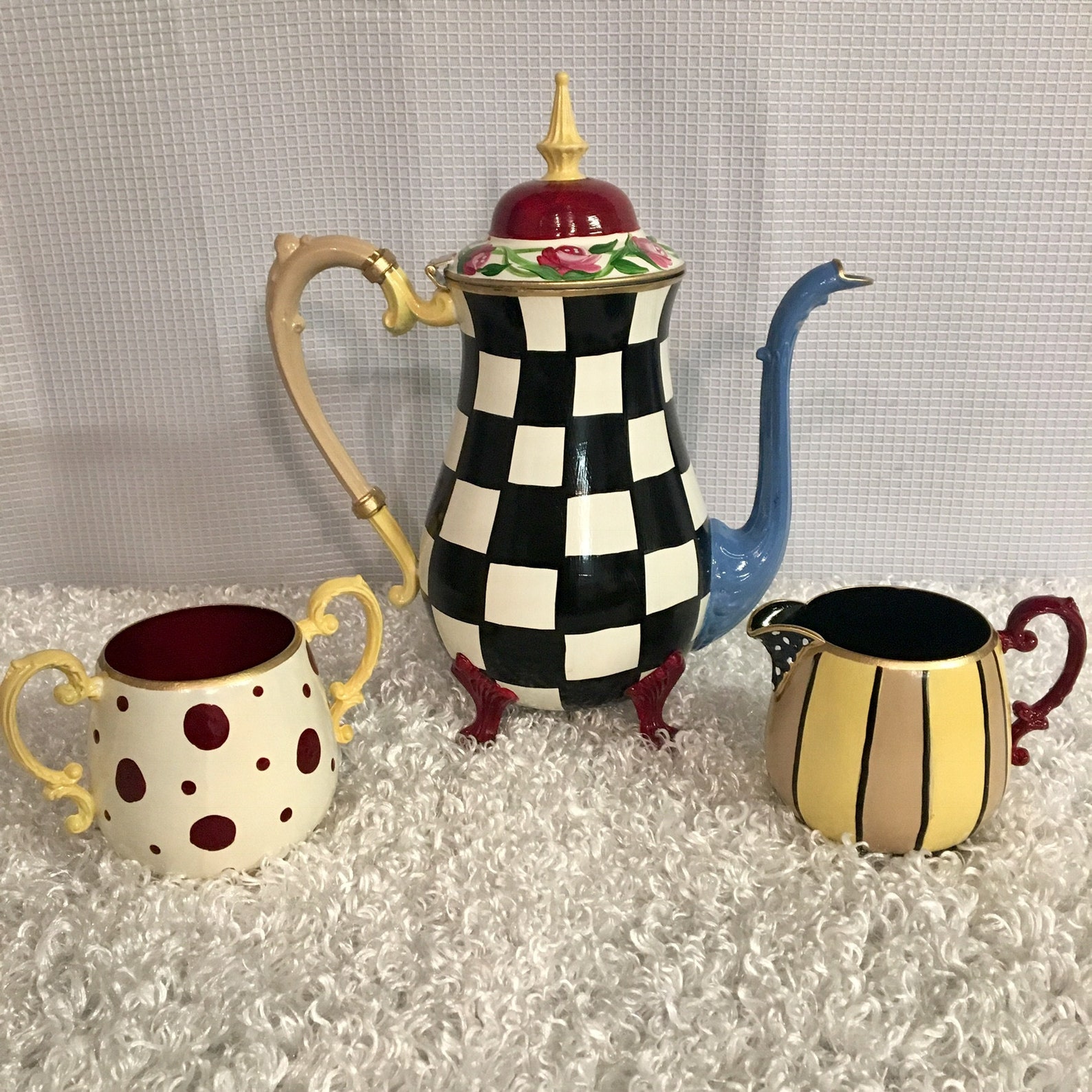 Painted Tea Set // Painted Silver Tea Set // Whimsical Painted | Etsy