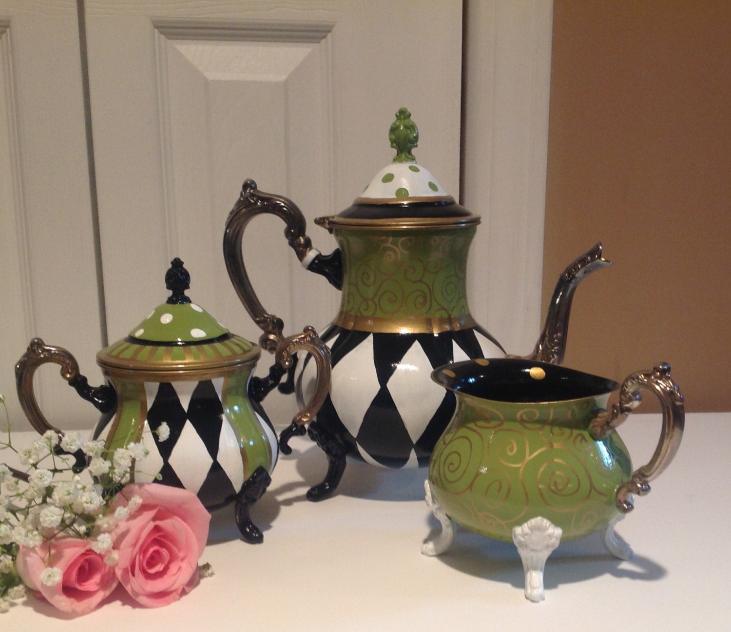 Painted Tea Set // Painted Silver Tea Set // Whimsical Painted | Etsy