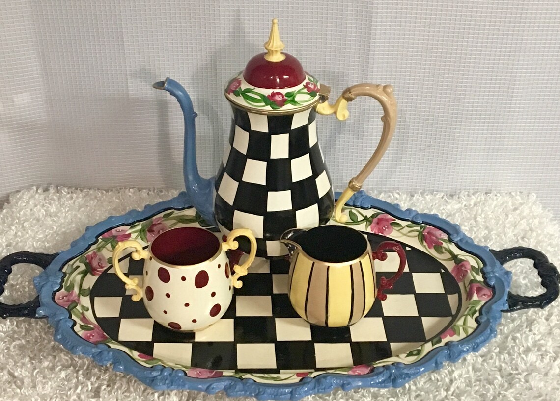 Painted Tea Set // Painted Silver Tea Set // Whimsical Painted | Etsy