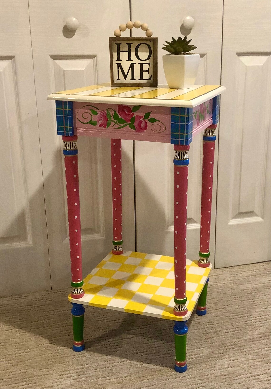 Hand Painted Accent Table, Whimsical Floral Checkered Design - Etsy