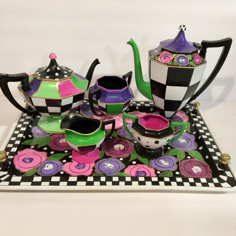 Whimsical Painted Tea Set Silver Tea Set Painted Tea Set | Etsy