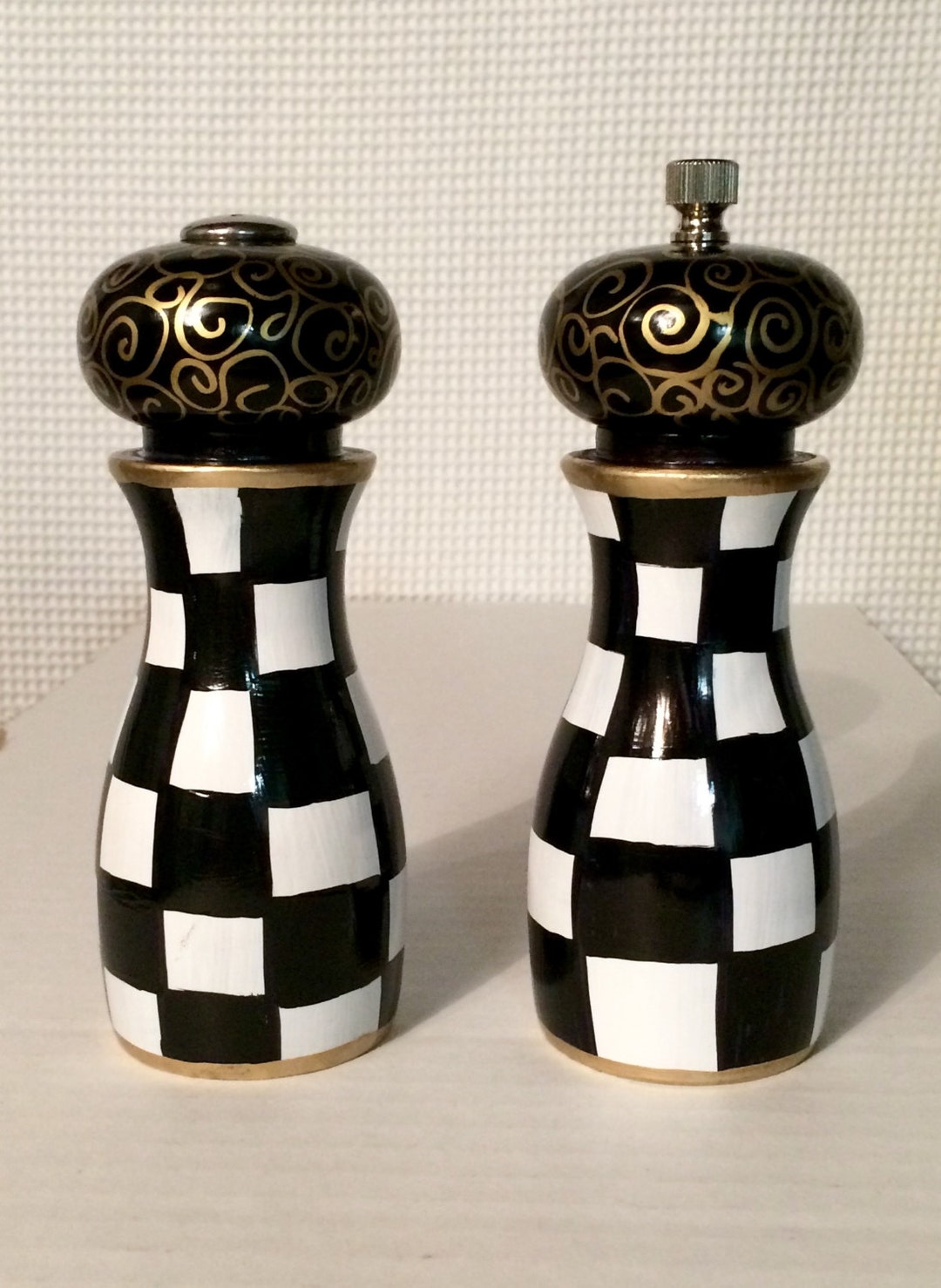Hand Painted Salt and Pepper Mill Set, Black and White Checked, Gold ...