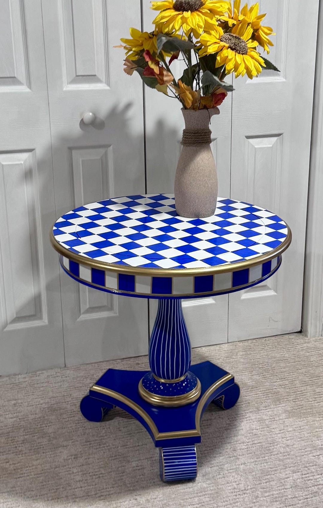 Hand Painted Accent Table, Royal Blue Checkered, Gold Leaf Trim - Etsy