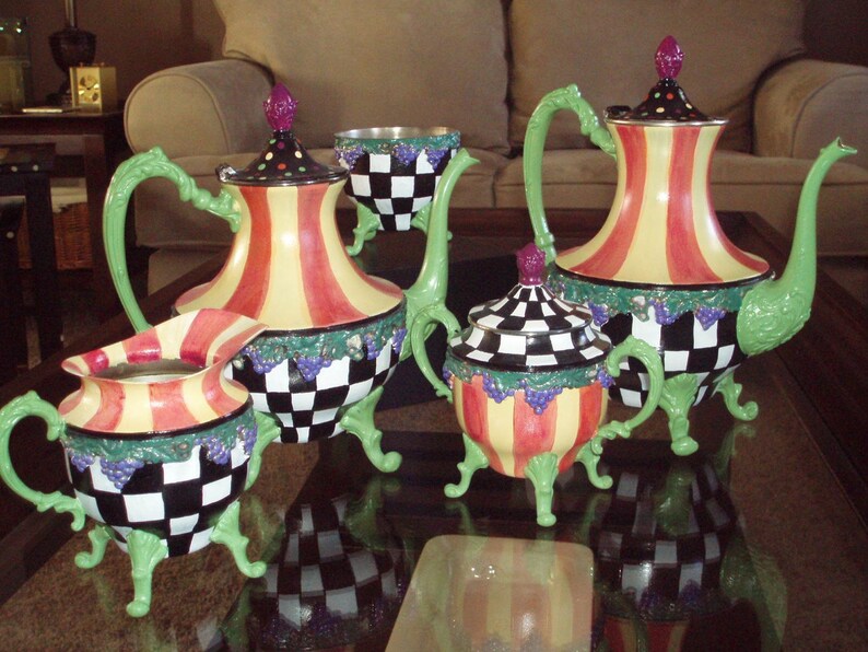 Painted Tea Set // Whimsical Painted Silver Tea Set // Silver | Etsy