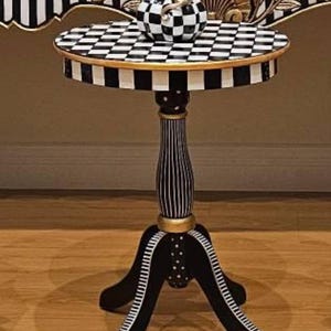 Painted Pedestal Round Accent Table, Checkered Side Table,round Side ...