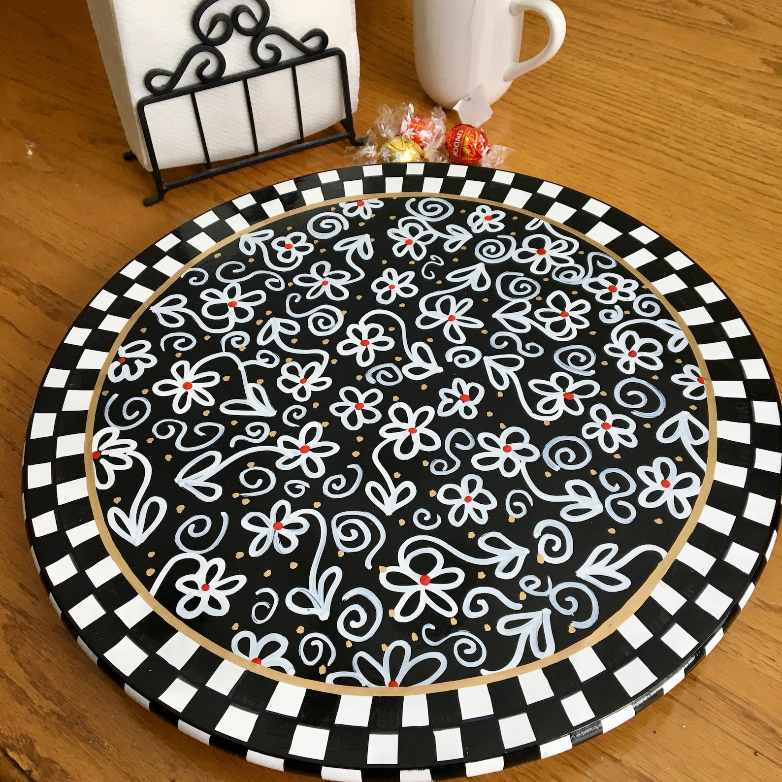 Whimsical Painted Lazy Susan Turntable, Black White Lazy Susan, Hand ...