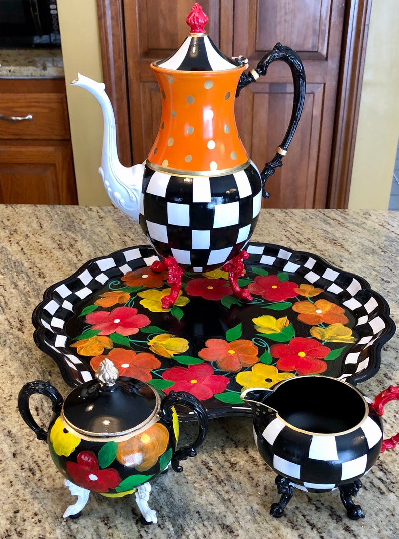 Painted Tea Set Painted Silver Tea Set Whimsical Painted Tea - Etsy