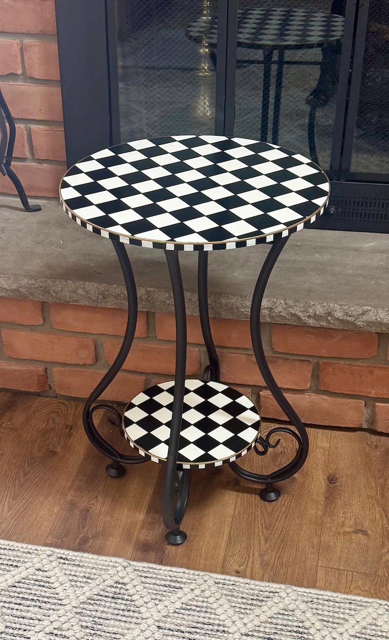Whimsical Checkered End Table, Painted Metal Scrollwork, Cocktail Table ...