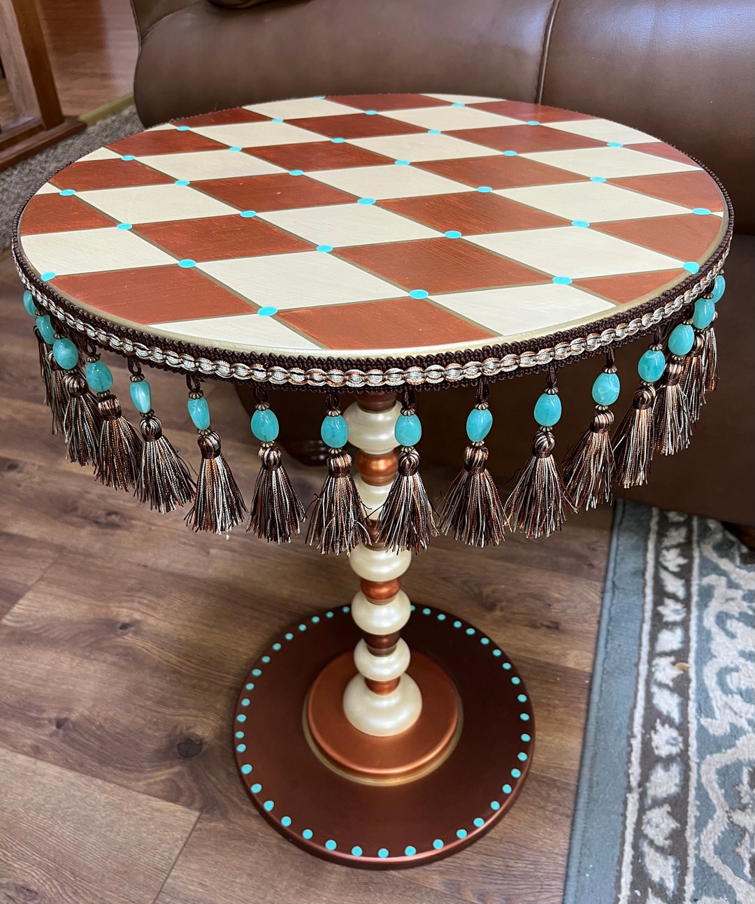 Round Pedestal Harlequin Metallic Table, Whimsical Painted Table, Pedestal Side Table, Bronze ...