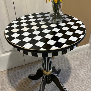 Painted Pedestal Round Accent Table, Checkered Side Table, Round Side ...
