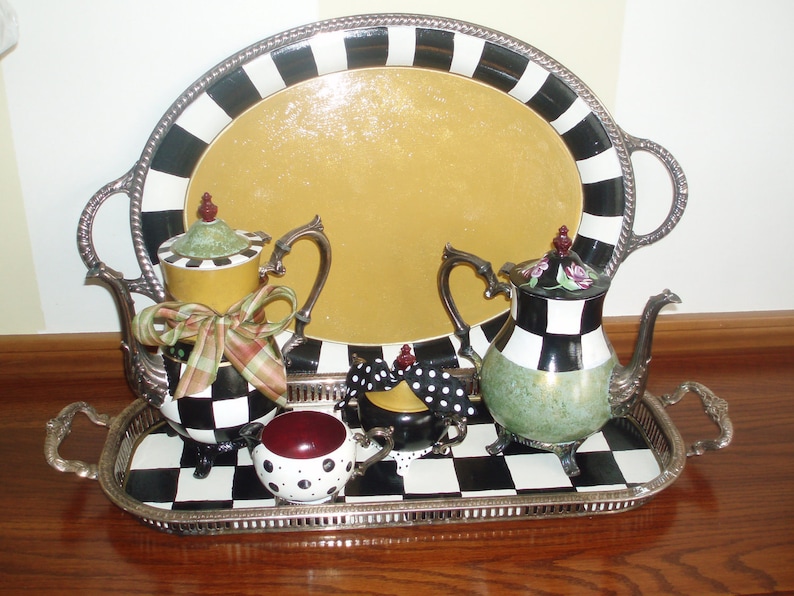 Painted Tea Set 3-piece // Whimsical Painted Silver Tea Set // - Etsy