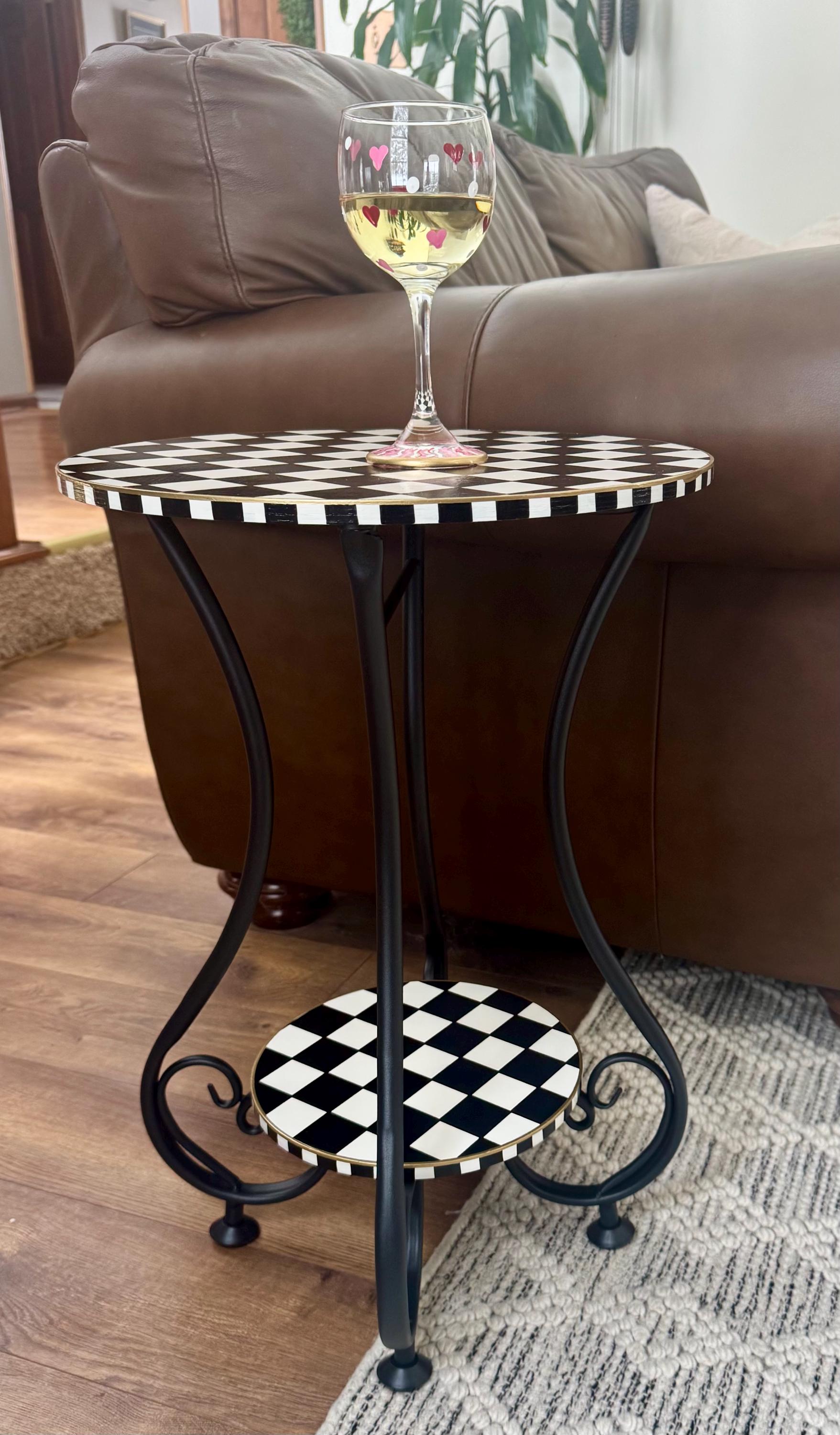 Whimsical Checkered End Table, Painted Metal Scrollwork, Cocktail Table ...