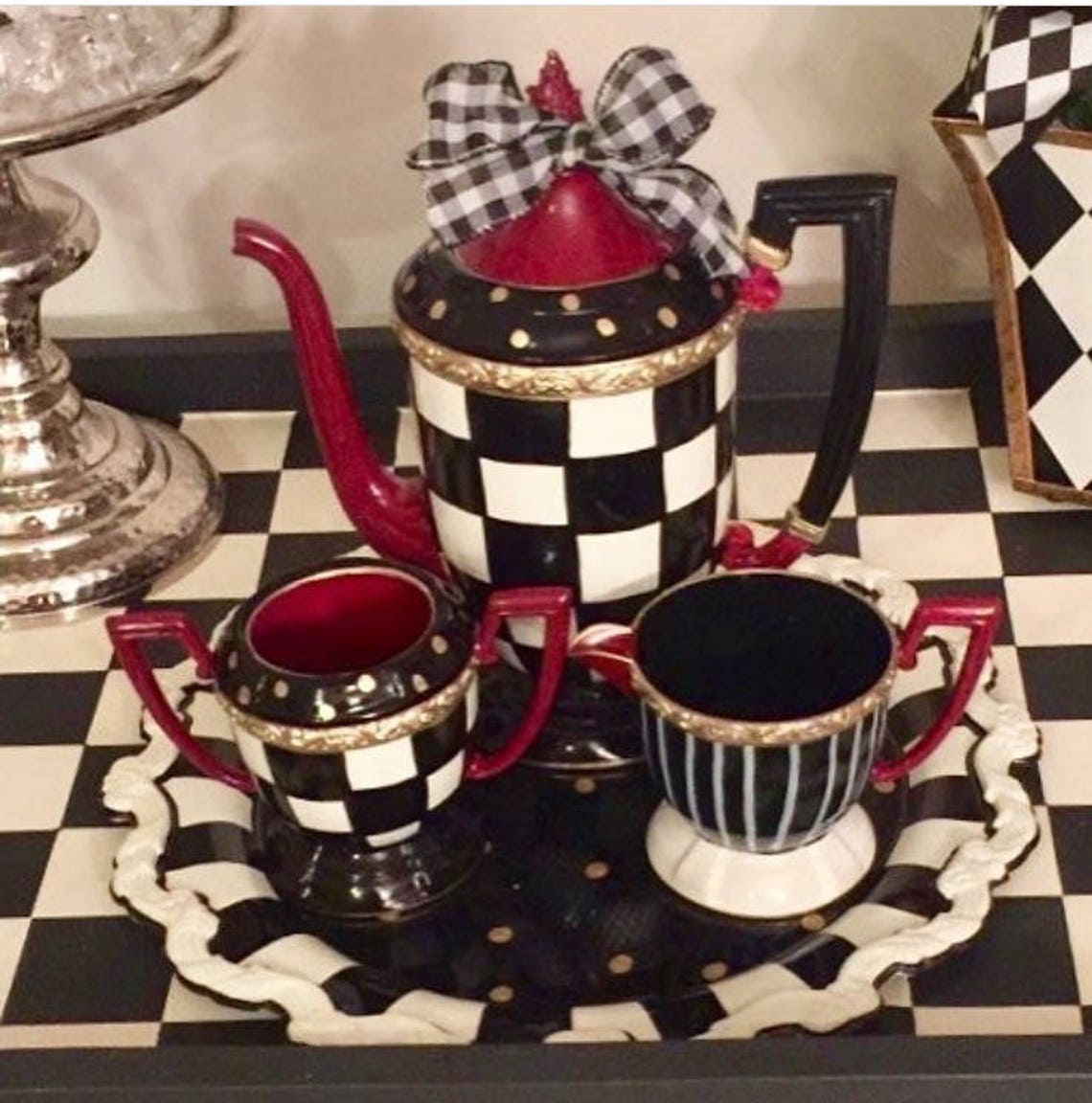 Whimsical Painted Tea Set Silver Tea Set Painted Tea Set - Etsy