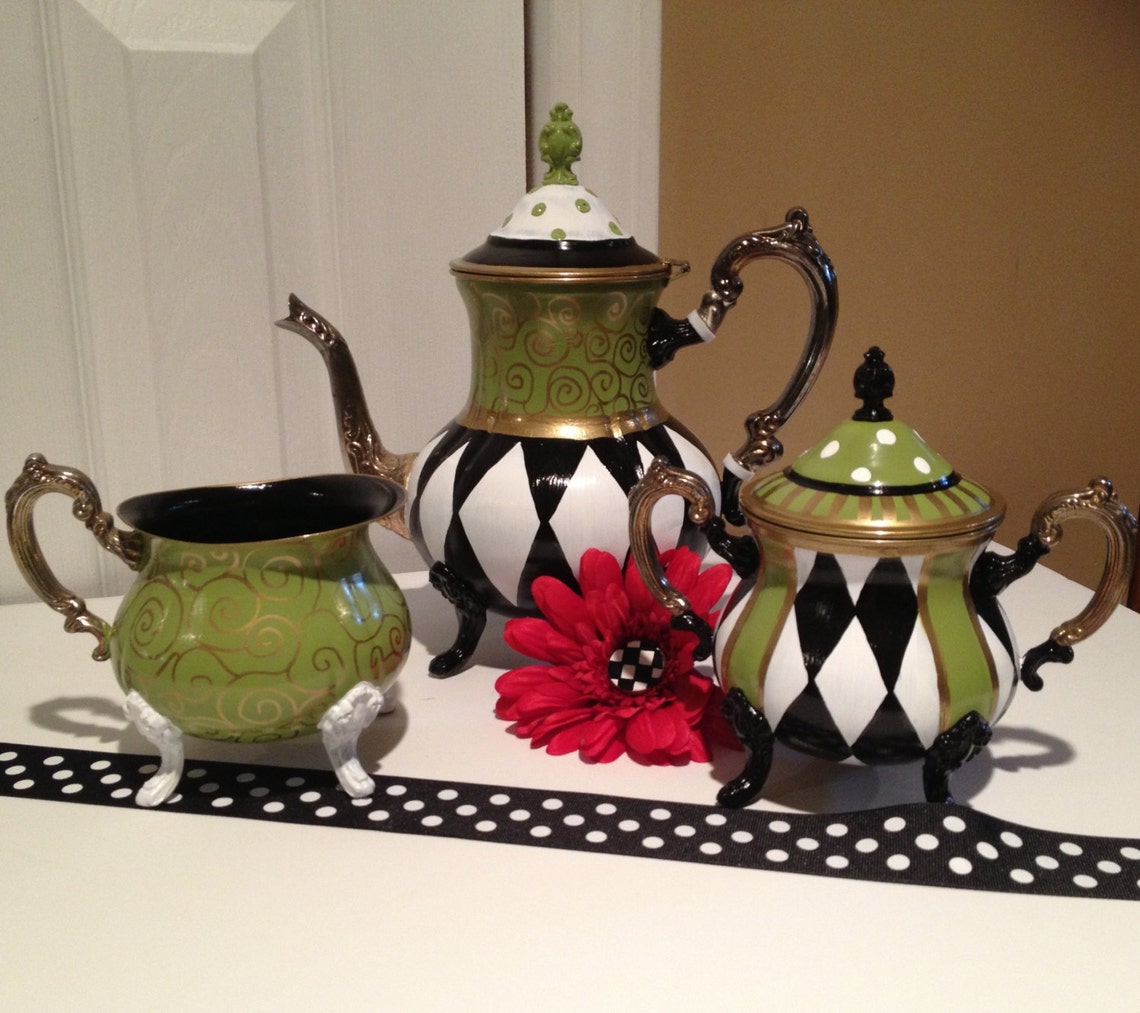 Painted Tea Set // Painted Silver Tea Set // Whimsical Painted - Etsy ...