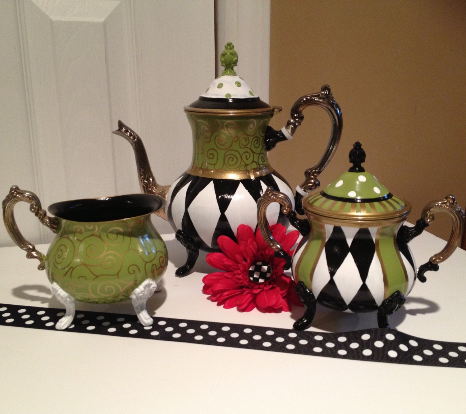 Painted Tea Set // Painted Silver Tea Set // Whimsical Painted - Etsy ...