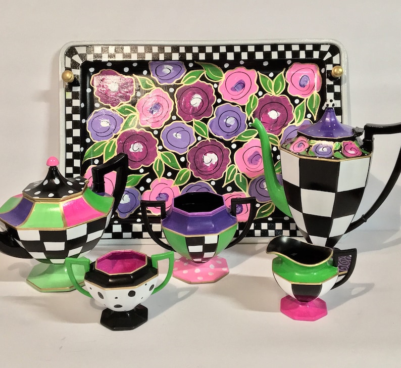Whimsical Painted Tea Set, Silver Tea Set, Painted Tea Set Hand Painted ...