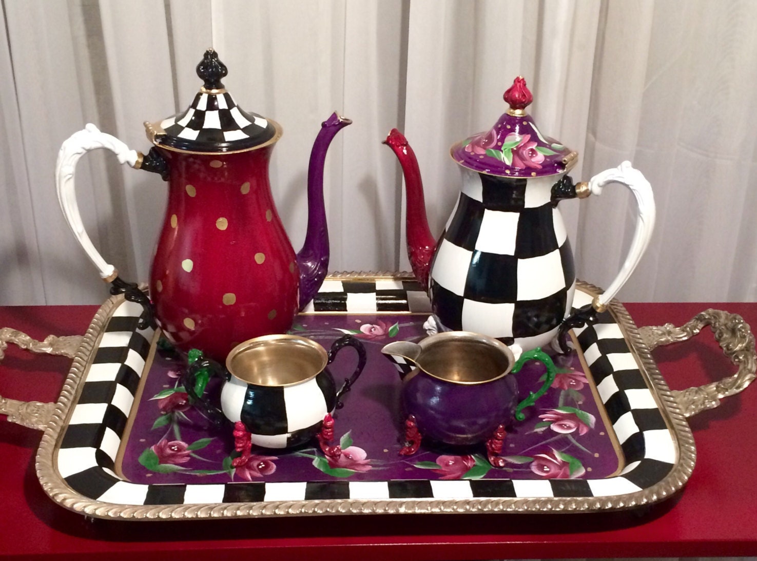 Painted Tea Set 3-piece // Whimsical Painted silver Tea Set // | Etsy