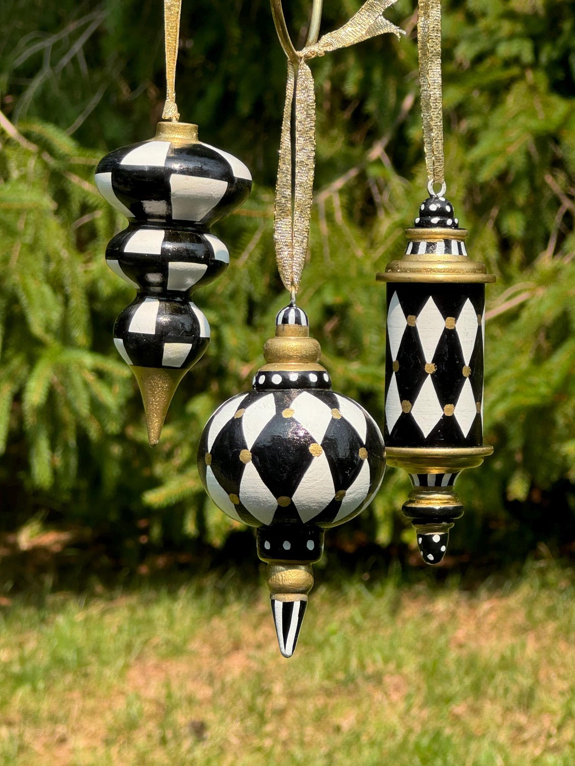 Hand-painted Finial Ornament Set of 3, Black and White With Gold Leaf ...