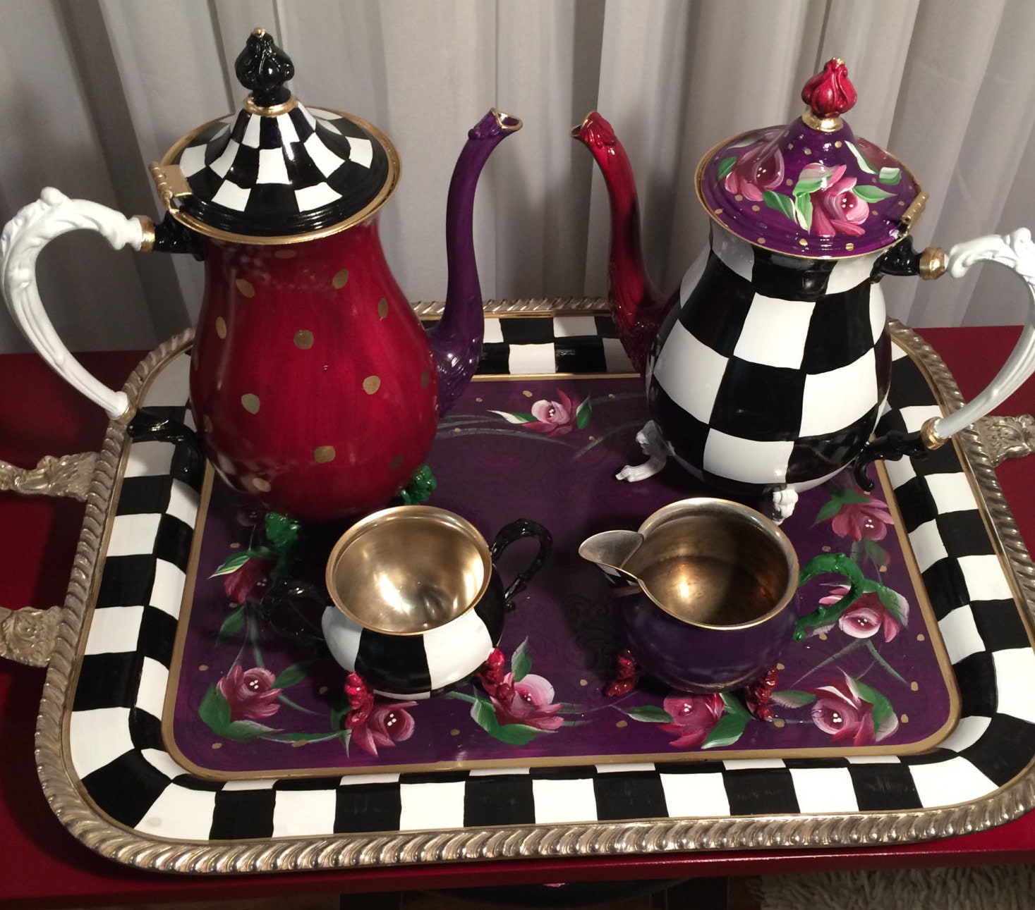 Painted Tea Set 3-piece // Whimsical Painted silver Tea Set // | Etsy