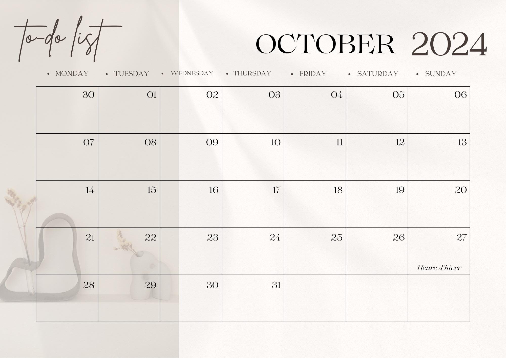 Minimalist October 2024 Calendar with To-Do List Elegant Monthly ...