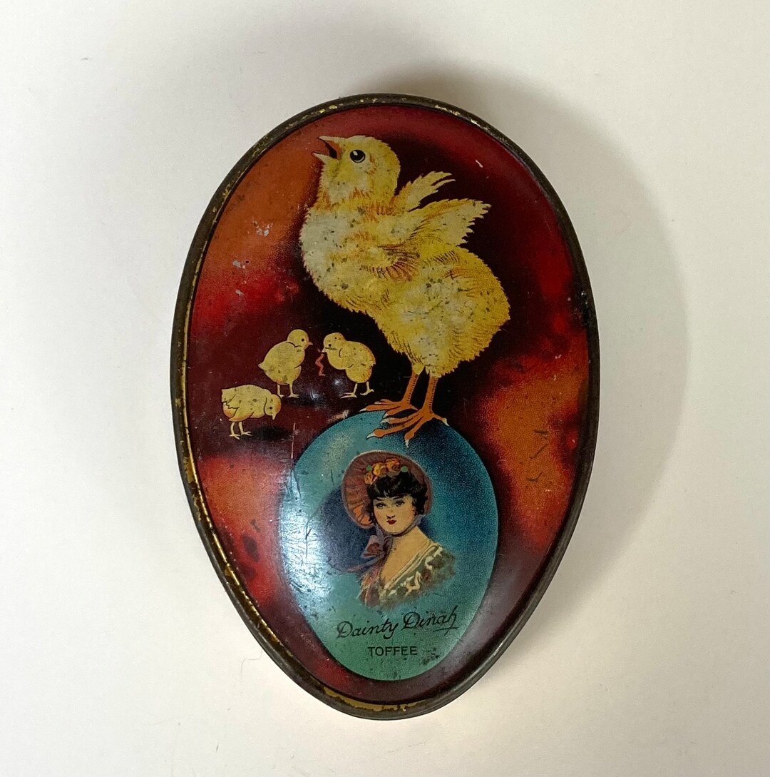 Vintage Egg Shaped Dainty Dinah Tin With a Chicks, Vintage Candy Tin ...
