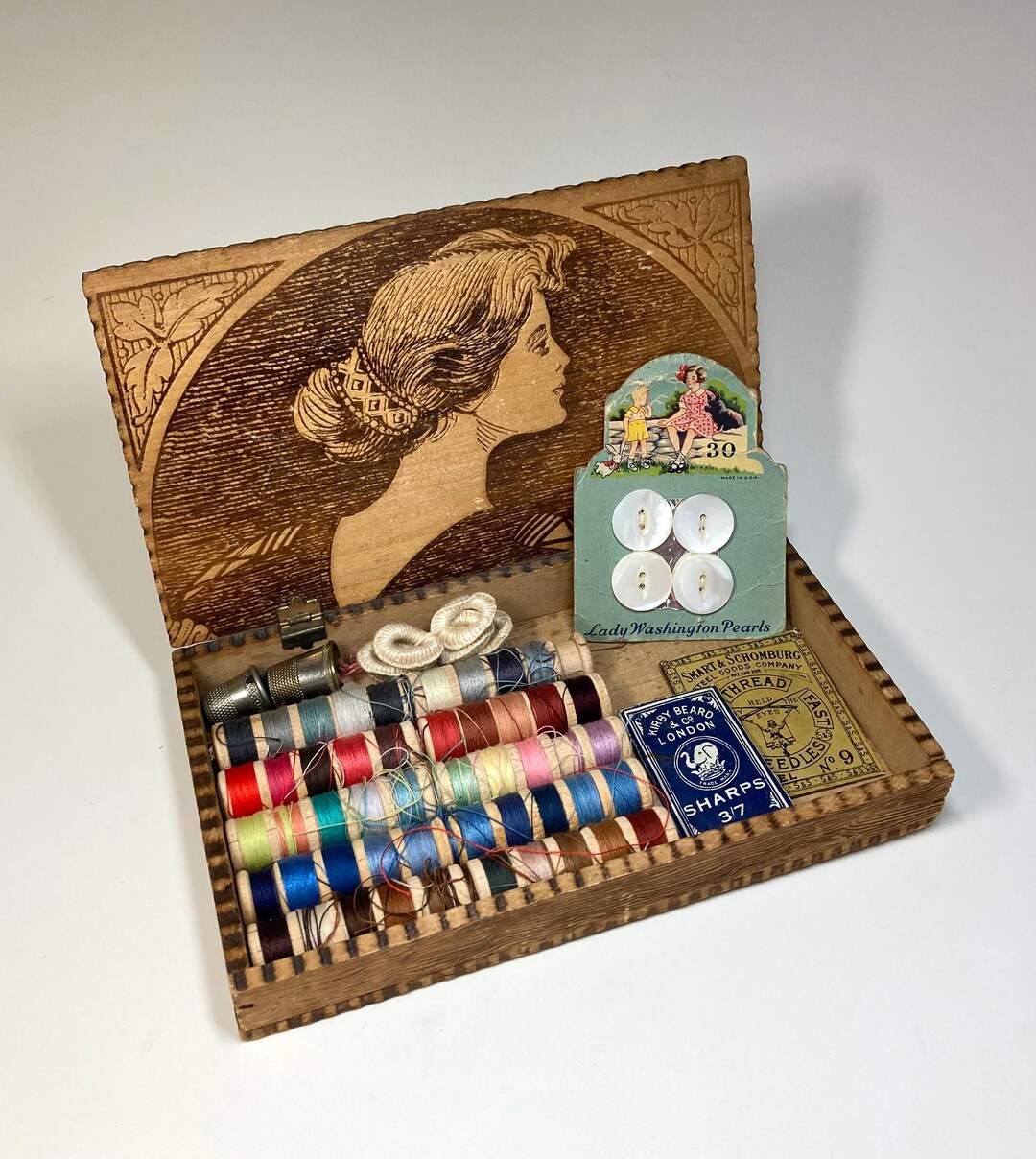 Vintage Pyrography Box Filled With Sewing Items, Girl Pyrography Box ...