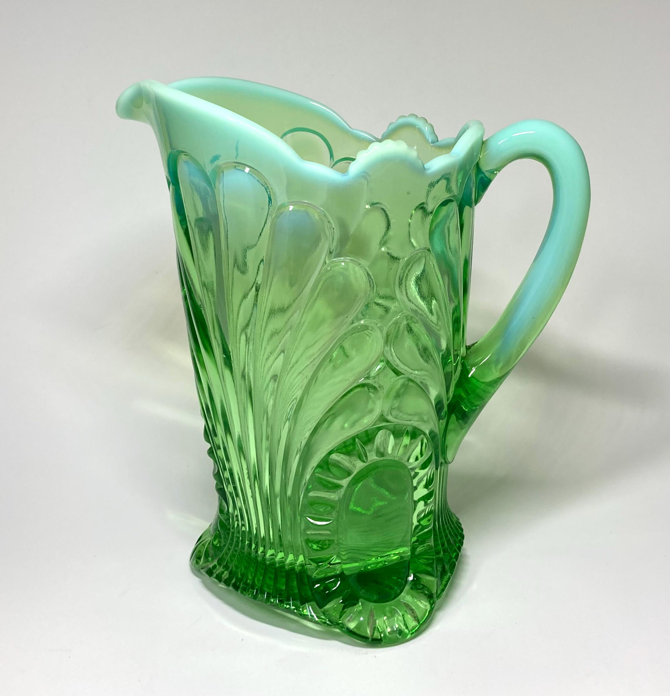 Vintage Green Opalescent Pitcher and Six Glasses or Tumblers, Jefferson ...