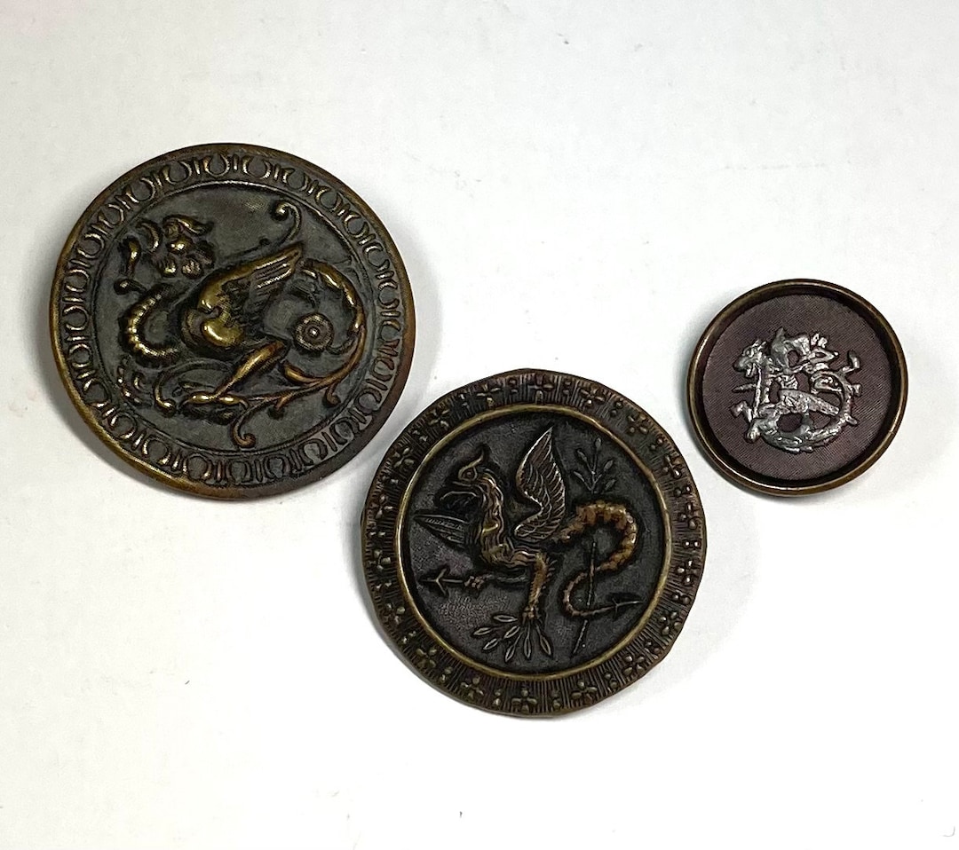 Collection of Three Vintage Antique Buttons With Dragons or Mythical ...