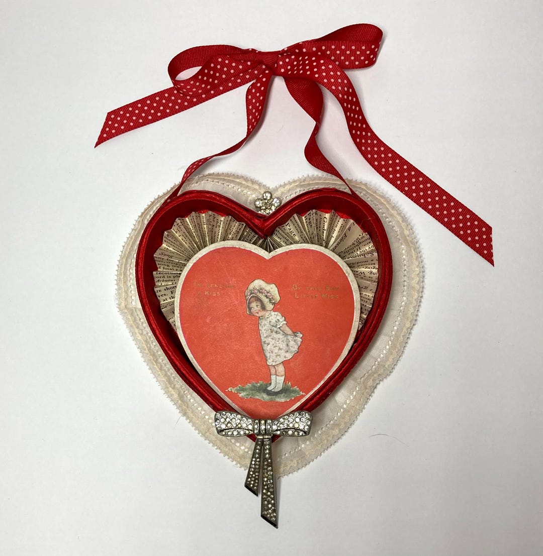 Vintage Assemblage Art With Red Satin Heart Box and Vintage Valentine ...