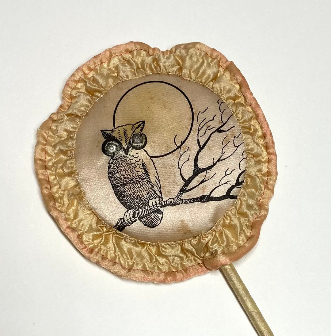 Vintage Silk Powder Puff Wand With an Owl Sitting on a Branch Against a ...
