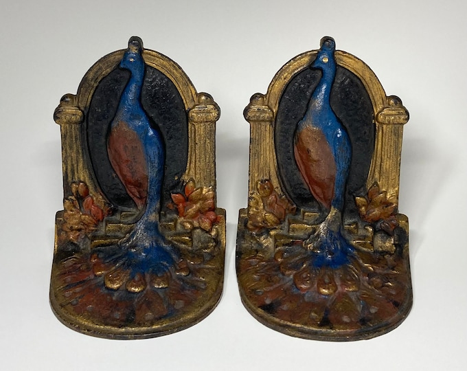 Pair of Vintage Peacock Bookends Made From Cast Iron, Colorful Cast ...