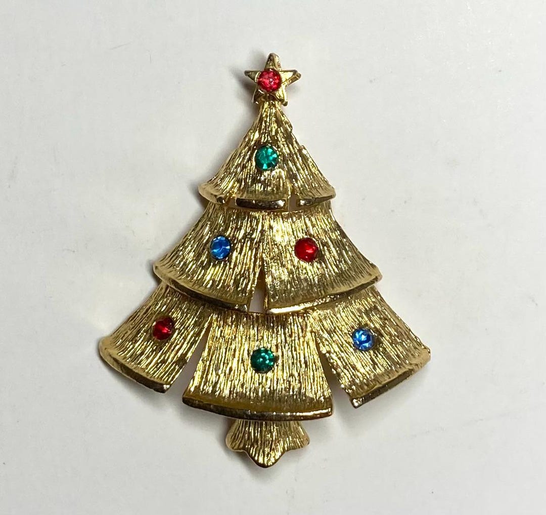 Vintage Christmas Tree Pin/brooch, Rhinestone Christmas Tree Pin Marked ...