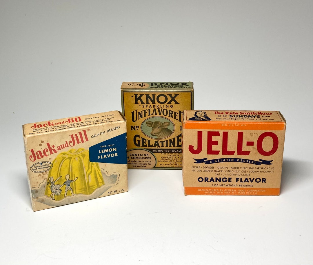Collection of Three Different Gelatin Boxes, Orange Jell-o, Lemon Jack ...